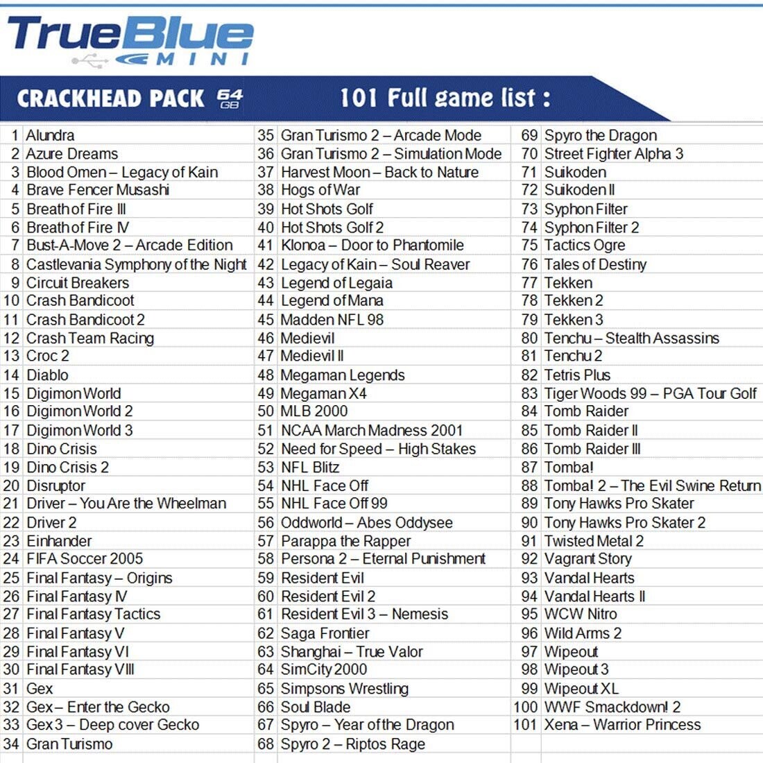 True Blue Mini - Crackhead Pack ( 64 GB ) 101 of the best PS1 games ...