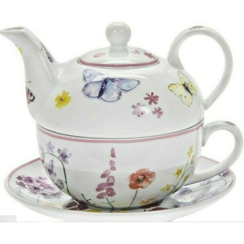 Tea for One Person Teapot Butterfly Garden Cup & Saucer Gift Set China ...