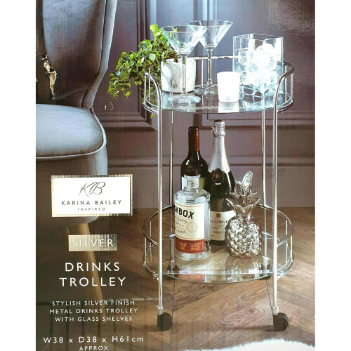 NEW Silver Drinks Trolley With Glass Shelves Mini Bar Cocktail Table ...