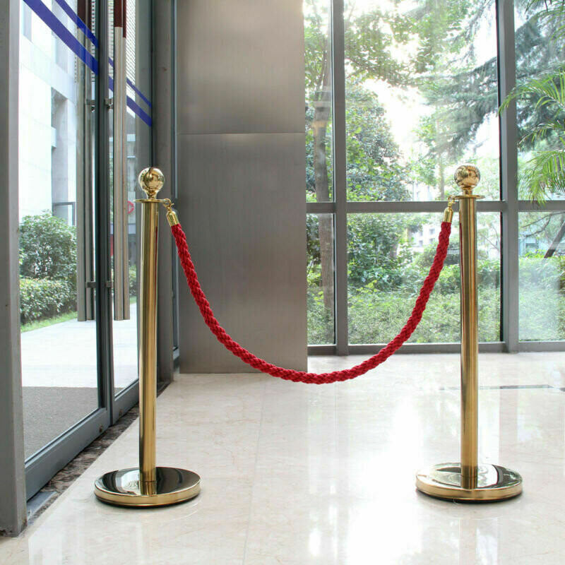 2x Polished Steel Queue Rope Barrier Post Stand Stanchion + 1.5m Rope ...