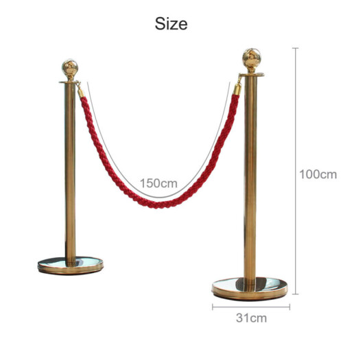 2x Polished Steel Queue Rope Barrier Post Stand Stanchion + 1.5m Rope ...