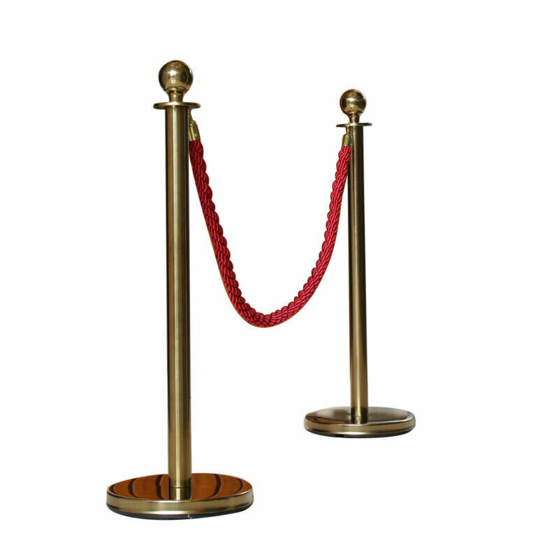 2x Polished Steel Queue Rope Barrier Post Stand Stanchion + 1.5m Rope ...
