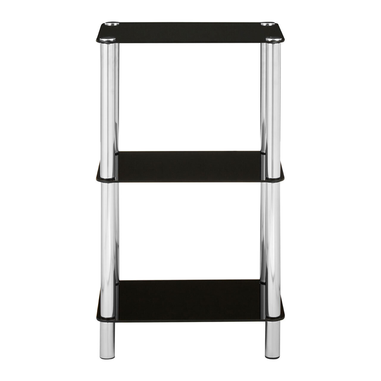 3 Tier Black Glass Shelf Unit, Modern Black Shelving Unit With Silver ...