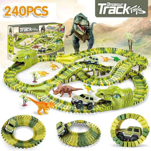 EARSOON Dinosaur Race Track Car Toy Set - 240 Pcs Flexible Train Tracks ...