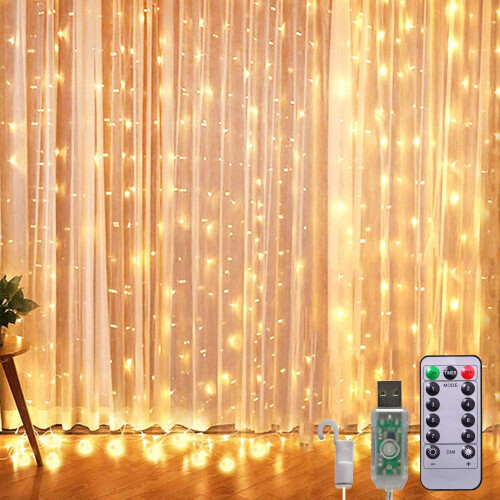 300 LED Fairy Curtain Lights 3M×3M USB Powered Curtain Fairy Lights 8 ...