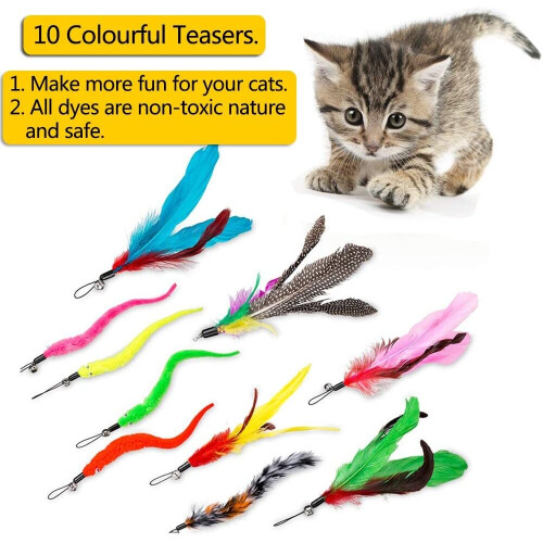 12 PCS Feather Teaser Cat Toy, 2 Pcs Retractable Interactive Cat Teaser ...