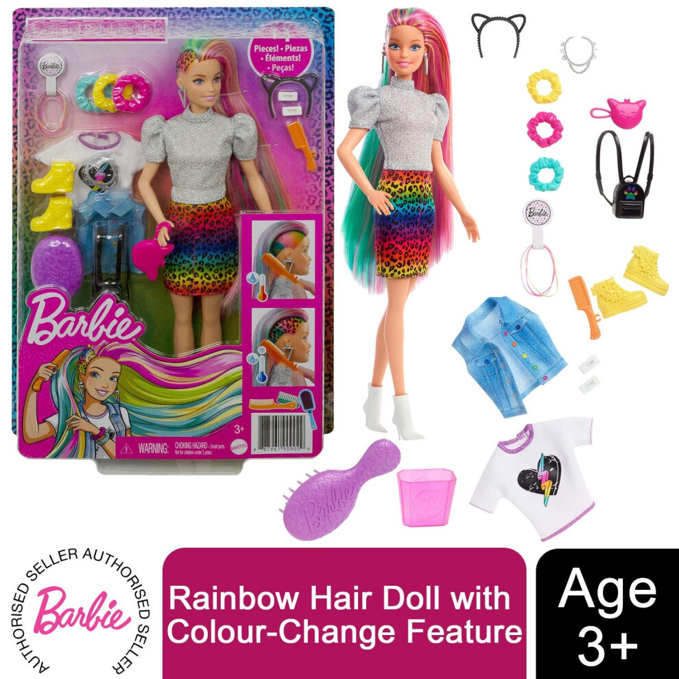 Barbie Leopard Rainbow Hair Doll with Colour-Change Feature on OnBuy