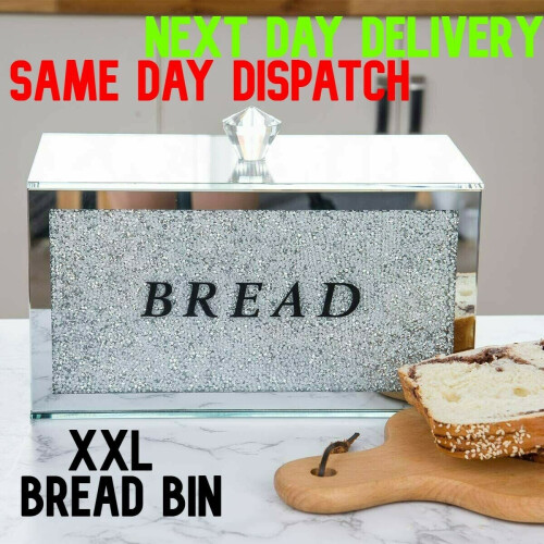 XXL Silver Crushed Diamond Crystal Mirrored Bread Bin Container on OnBuy