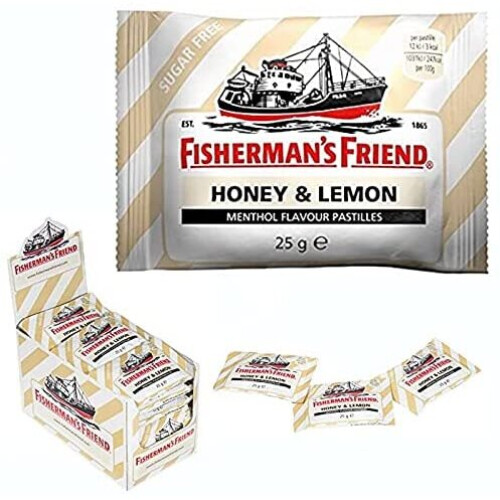 HONEY & LEMON MENTHOL FLAVOUR SUGAR FREE Fisherman's Friend Lozenges 24 x 25g Packs. by ...