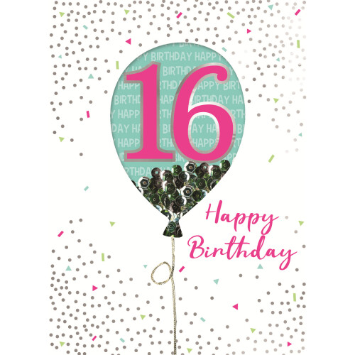 16th Birthday Balloon Sequins Embellished Birthday Greeting Card ...