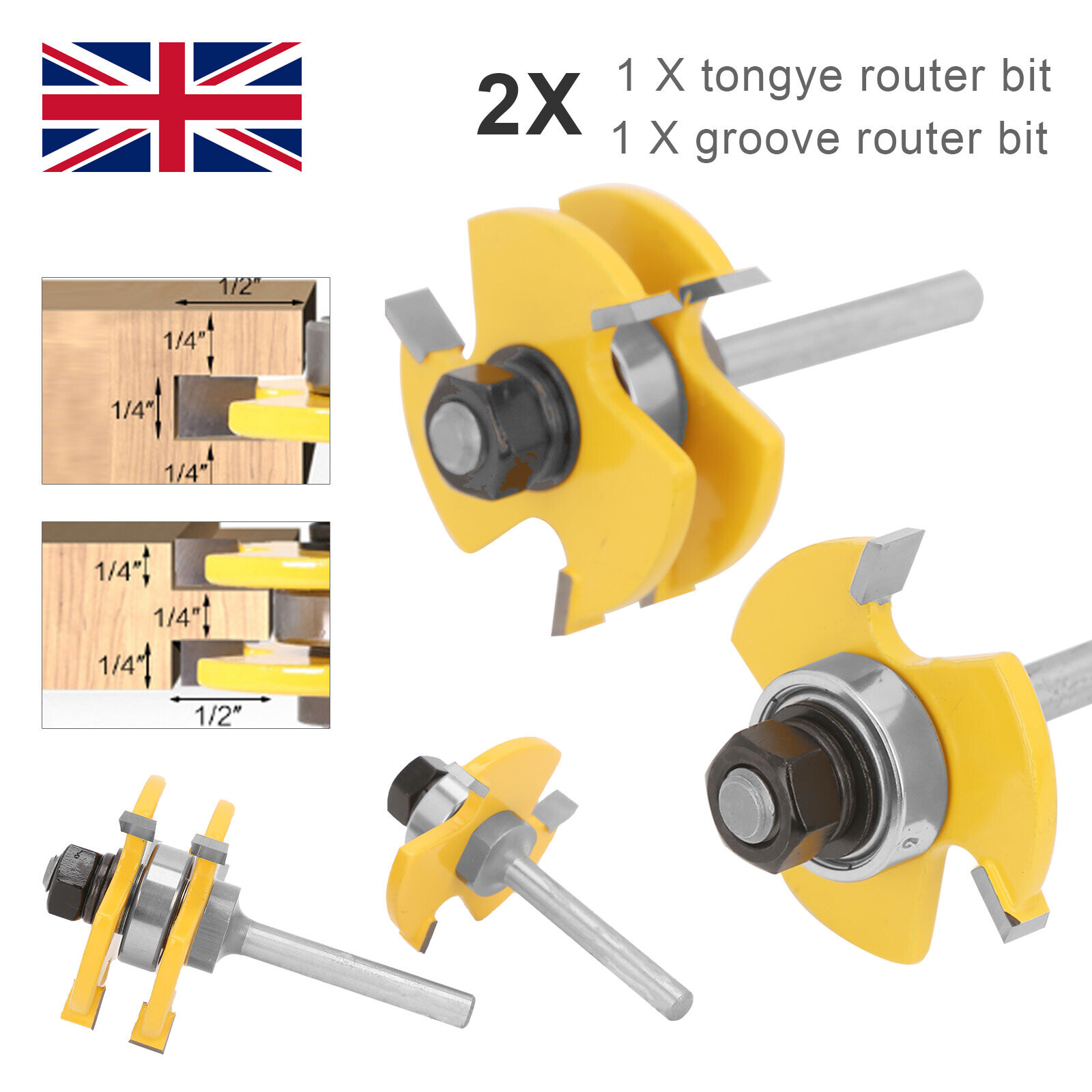 2x Tongue And Groove Router Bit Set 1/4" Shank T-Type 3-Tooth Cutter on ...
