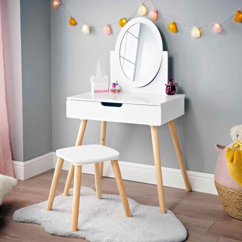 Heidi Vanity Set with Stool & Mirror White Girls Make Up Dressing Room Decor on OnBuy