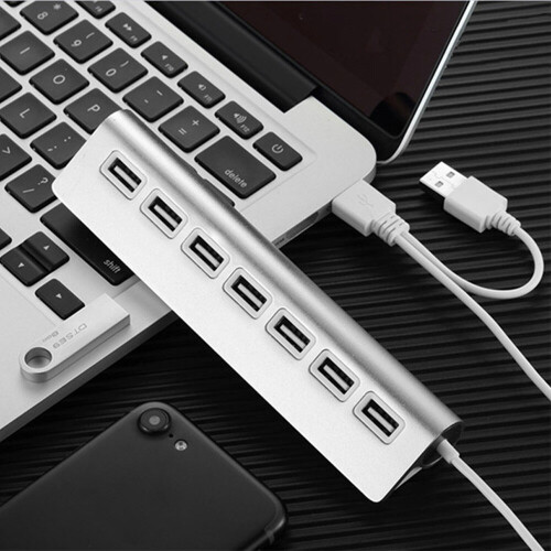 Dual Plug Fast Charge 7 Port USB 2.0 Hub Aluminium for PC Mac Multiport ...