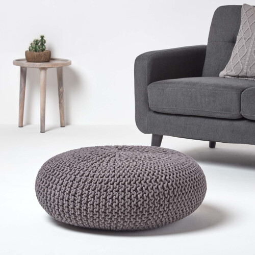Grey Knitted Cotton Large Round Pouffe Footstool 70 x 23 cm on OnBuy
