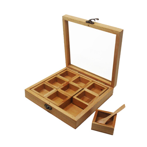Square Acacia Wood Spice Masala Dabba Box with Glass Lid & Spoon on OnBuy