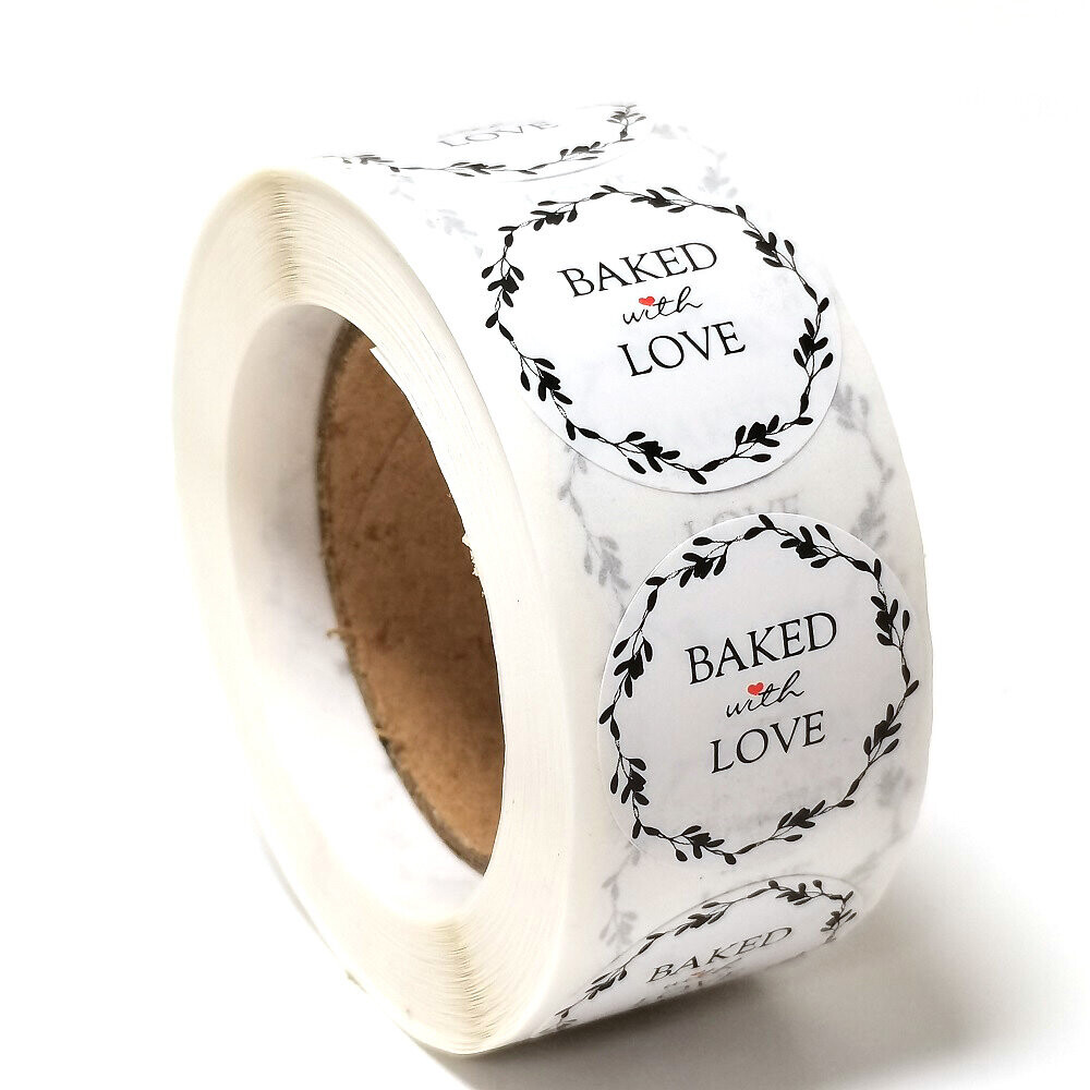 500Pcs/Roll White Baked With Love Stickers For Hand-Baked Package Seal ...