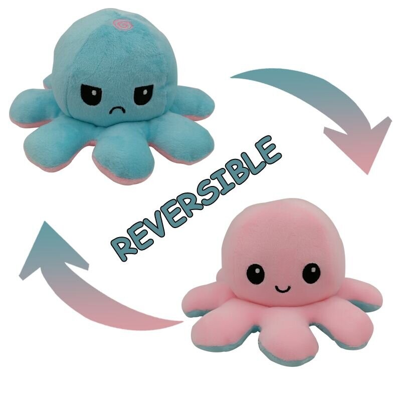 (Pink + Light Blue) Double-Sided Flip Reversible Octopus Plush Toy ...