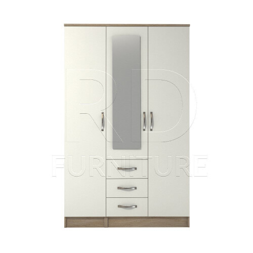 Ready assembled Classic 3 Door 3 Drawer Combi Mirrored Wardrobe Oak And ...