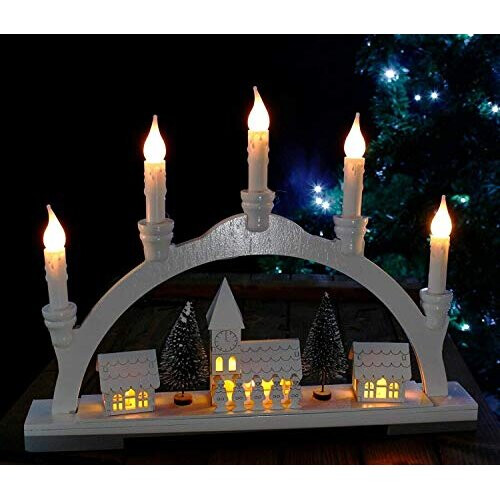 White Wooden Village 5 LED Christmas Candle Bridge Arch Tower Battery ...