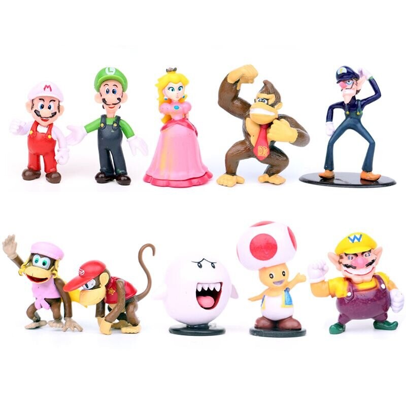10pcs Super Mario Bros Peach Toad Wario Luigi Yoshi Bowser Kong Figures ...