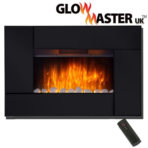 Widescreen Wall Mounted Electric Living Flicker Flame Black Glass Fire ...