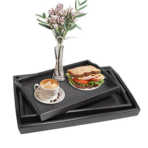 Set of 3 Large Wooden Serving Trays with Handles Nesting Breakfast ...