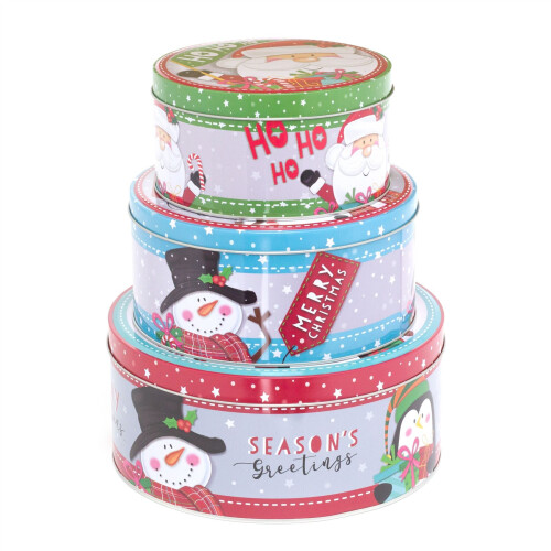 Set Of 3 Jolly Holly Christmas Storage Tins | Triple Festive Round ...