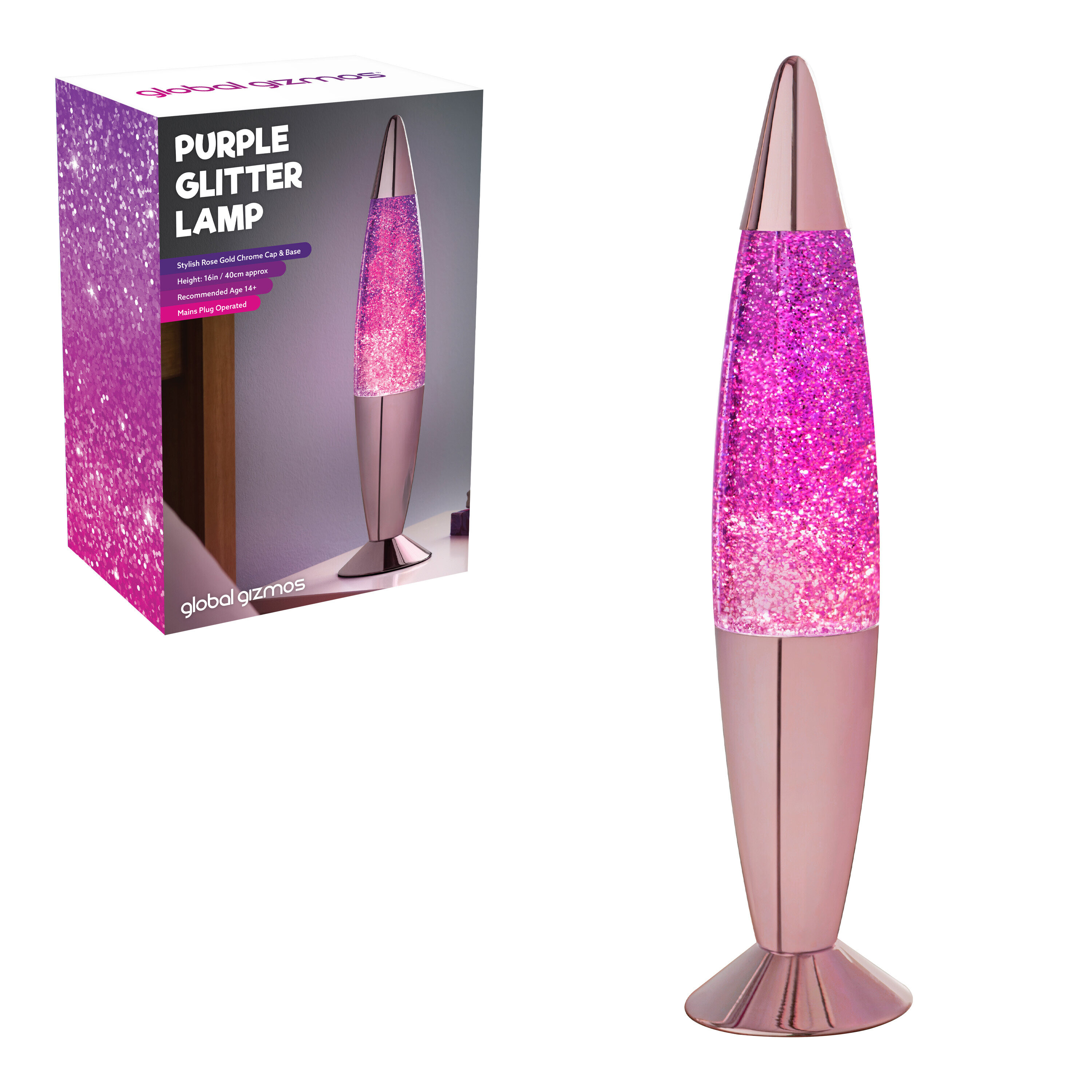 Global Gizmos 48679 16" Purple Glitter Lamp / Rose Gold Chrome Base on ...