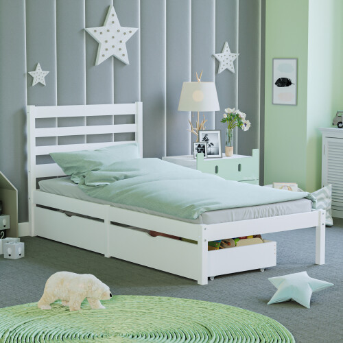 (White) Libra Kids Single Bed Under Bed Storage Drawers Wooden Solid Pine Child Bedroom on OnBuy