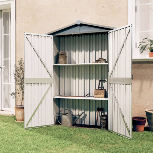 vidaXL Garden Shed Grey Galvanised Steel Outdoor Terrance Tool Storage ...