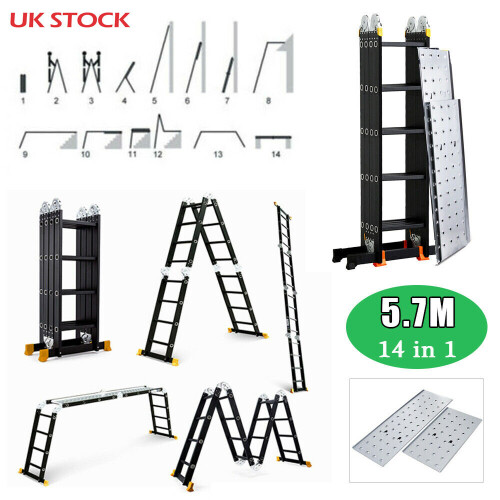 Folding Ladder Aluminium 5.7M Ladder Extendable Multi-Purpose Platform ...