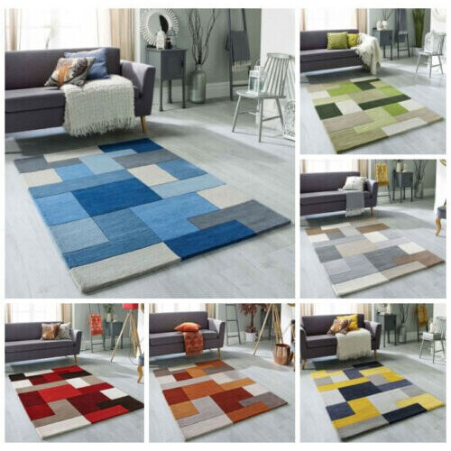 Modern Geometric Checkered Multi Coloured Rugs 100% Wool Hand Made Eco ...