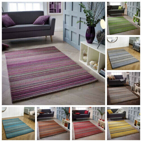 Modern Multi Coloured 100% Wool Rugs Stripe Line Design Small Extra ...