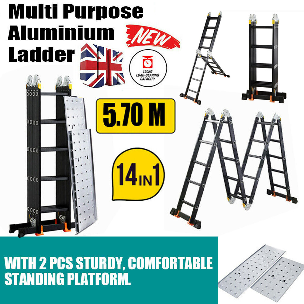 5.7M 14 in1 Aluminium Folding Ladder Multi Purpose W/Scaffold Platform ...