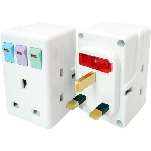 2 Pack 3 Way Plug Adaptor Protection Socket With Independent Switches ...