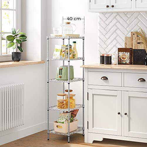SONGMICS Wire Shelving Unit Metal Storage Shelf Kitchen Storage Rack 4 Hooks PP Sheets Adjustable Shelves Total Load Capacity 100 kg for Small