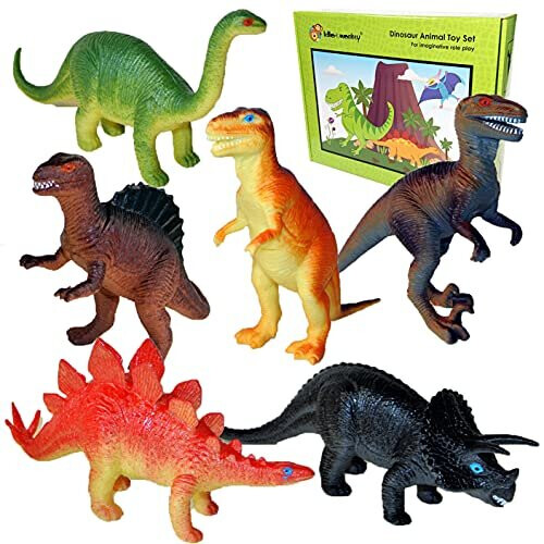 Lello & Monkey Dinosaur toys set of 6 plastic dinosaurs - Large 7 inch dinosaur figures labelled ...