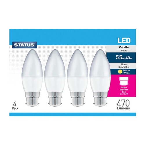 Status International Candle LED 5.5W 470 Lumen Pearl Bayonet Cap Warm ...