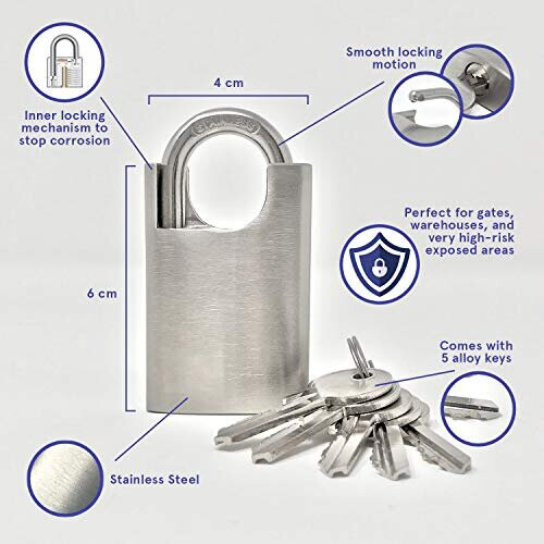 Smiths 60mm Stainless Steel Heavy Duty Industrial Padlock 5 Keys Included on OnBuy