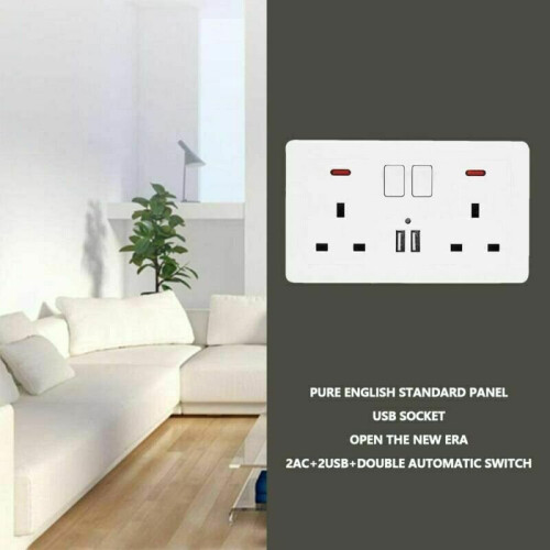 Double Wall Plug Socket 2 Gang 13A with 2 USB Charger Port Outlets UK ...