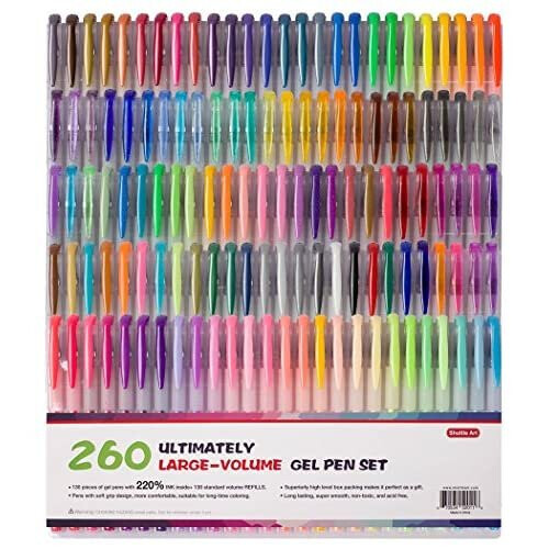 260 Pack Gel Pens Set Shuttle Art 260 Colours 220 more Ink 130 Gel Pen plus 130 Refills Assorted Colours Glitter Neon Pastel Metallic Ideal for