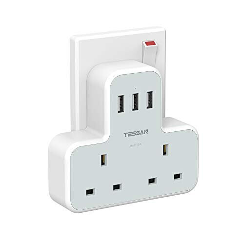 Double Plug Adaptor with 3 USB, TESSAN 2 Way Plugs Extension Multi ...
