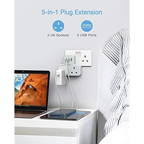 Double Plug Adaptor with 3 USB, TESSAN 2 Way Plugs Extension Multi ...