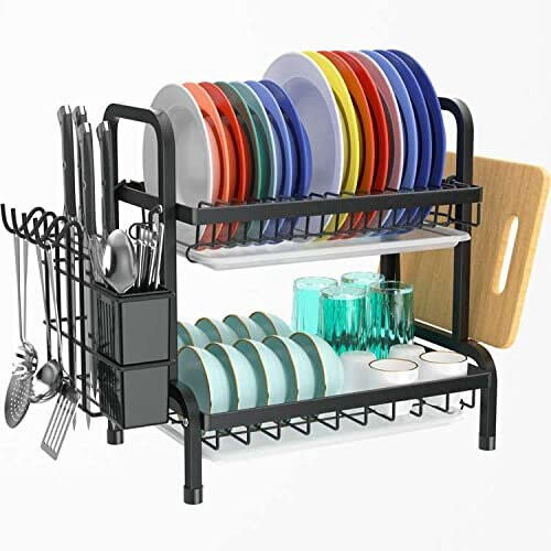 2 Tier Black Dish Drainer Rack, Stainless Steel Dish Drying Rack ...