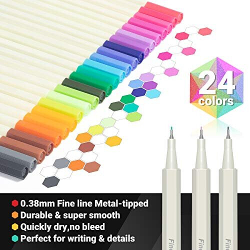 Fineliner Pens APOGO 24 Colour No Bleed Fine Line Pen 0.38mm, Fine ...