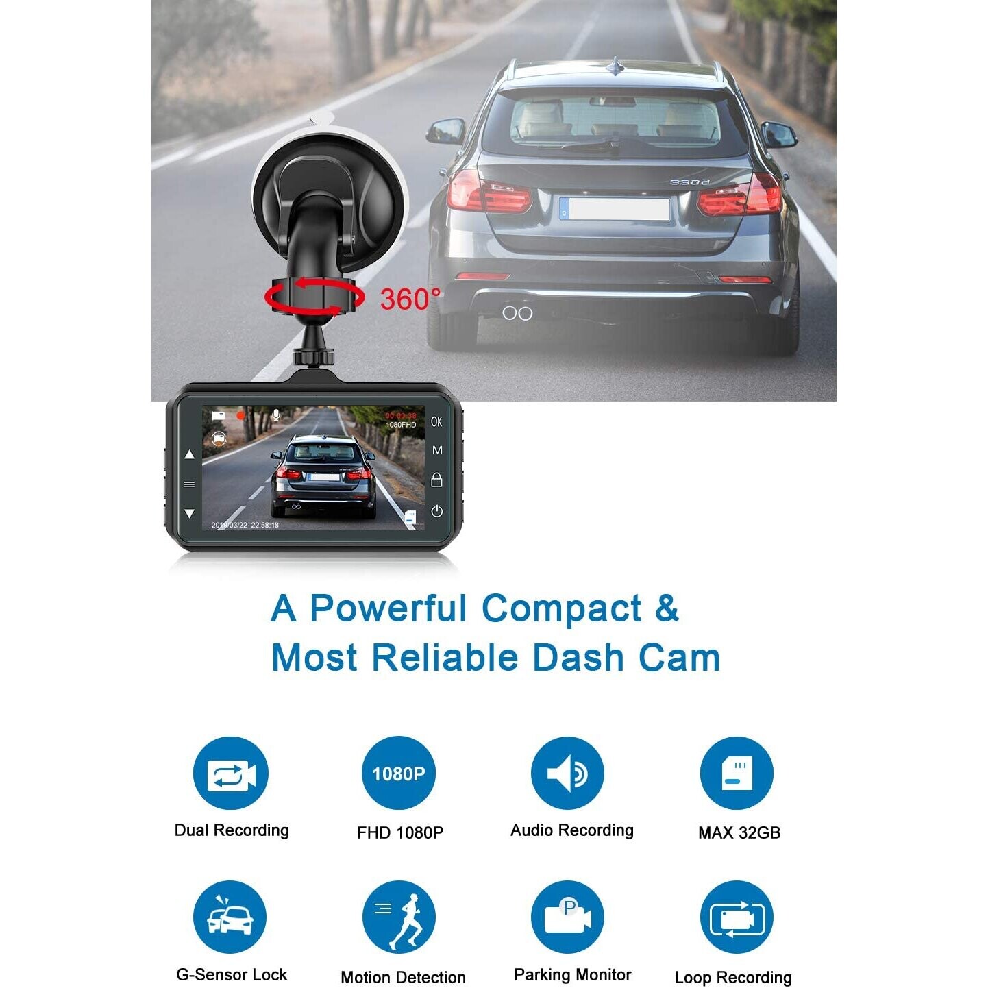 CHORTAU Dash Cam For Cars Front and Rear Full HD 1080P, Dual Dash Cam ...