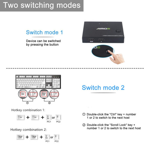 AIMOS KVM HDMI Switch, USB Switcher Box 2 In 1 Out For 2 Computers ...