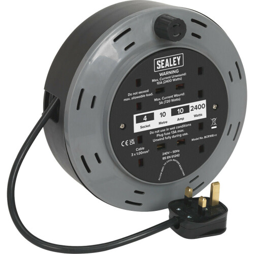 10 Metre Cassette Type Cable Reel - 4 x 230V Plug Socket Extension Lead ...