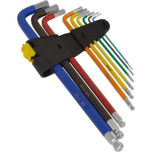 9 Piece Colour Coded Extra-Long Ball-End Hex Key Set - Imperial Sizing on OnBuy