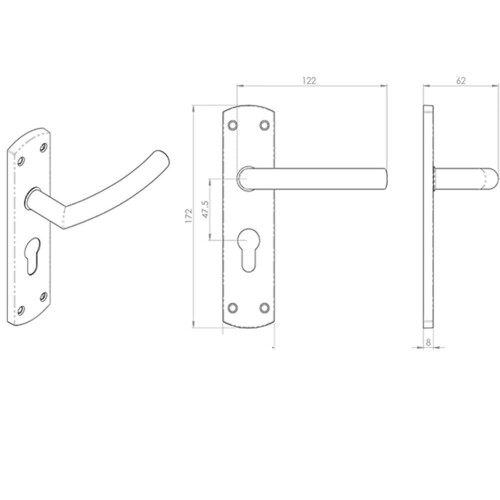 2x Curved Bar Lever Door Handle on Euro Lock Backplate 172 x 44mm Satin ...
